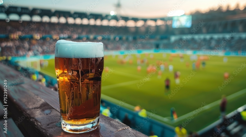 glass of beer with foam in a football stadium with the field with ...
