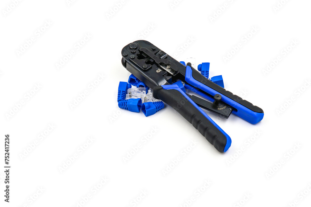 Modular plug crimper for RJ-45, white background, Crimper, Twisting ...