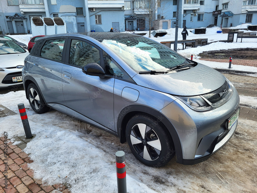 Minsk, Belarus. Jan 28. 2024. BYD Dolphin atlantis grey colour parked ...