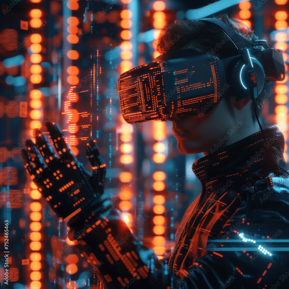 Animated tech entrepreneur debugging a holographic cybersecurity system ...