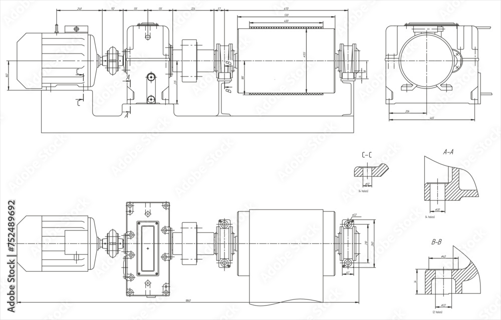Assembly drawing of reducer. Vector drawing of steel mechanical device ...