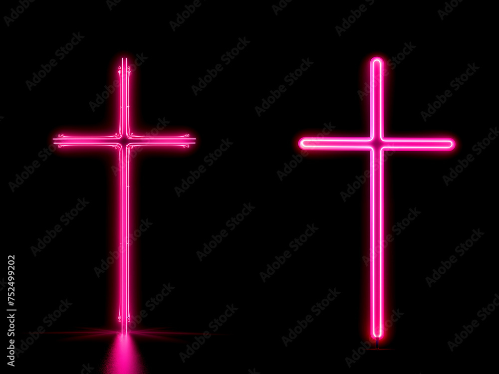 Pink neon glowing cross set. Symbol of the crucifixion of Jesus Christ ...