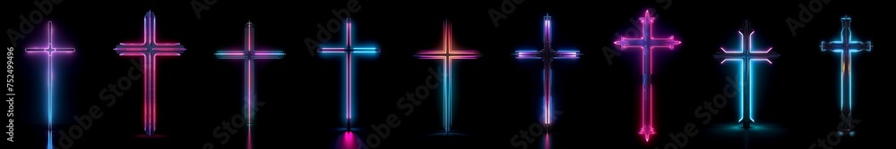 Multicolored neon glowing cross set. Symbol of the crucifixion of Jesus ...