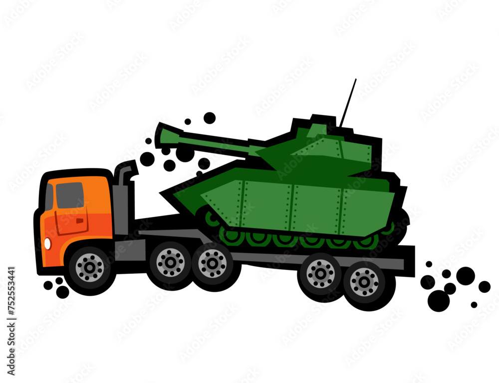 Semi trailer truck transports infantry fighting vehicle. Semitruck. IDF. Vector image for prints ...