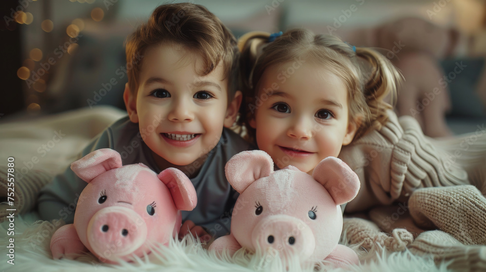 Cute little girl and boy deposits coins into pink piggy banks. Concept ...