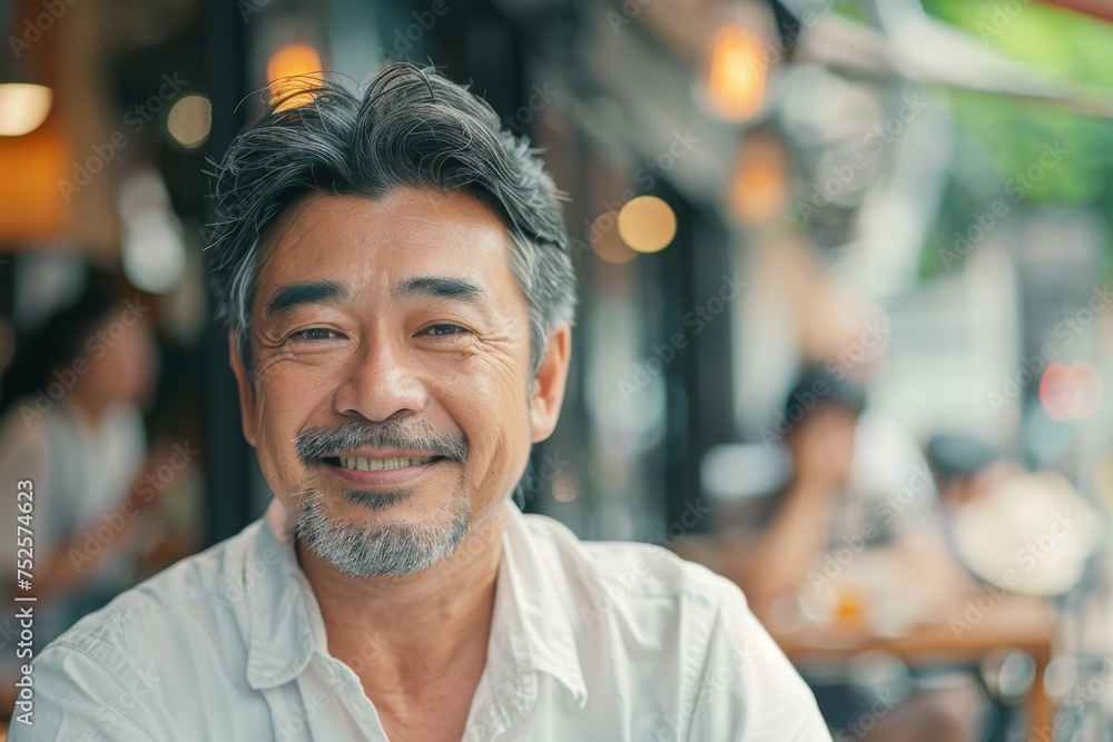 Portrait of a stylish happy Asian man at outdoor coffee shop He is a ...
