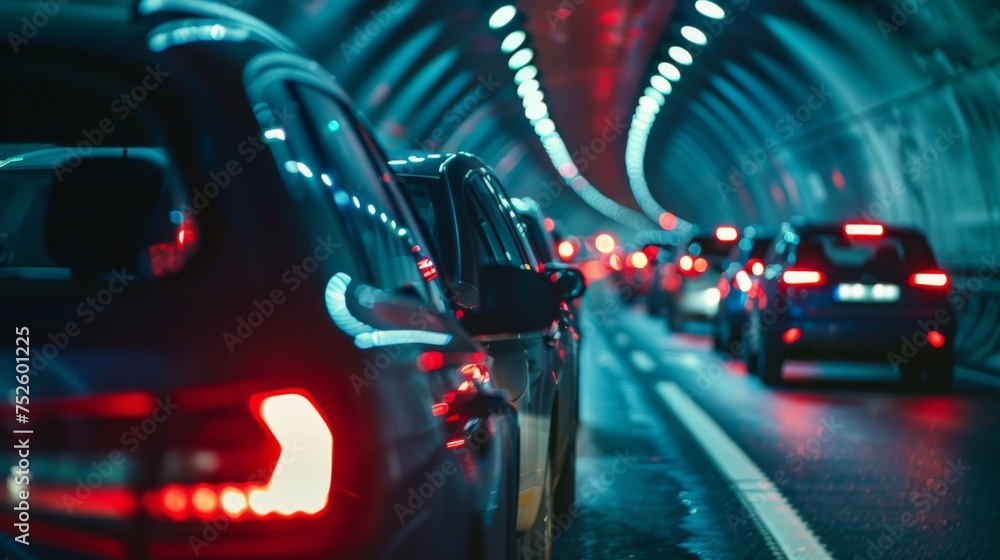 Commuter's perspective of a traffic jam inside a modern illuminated ...