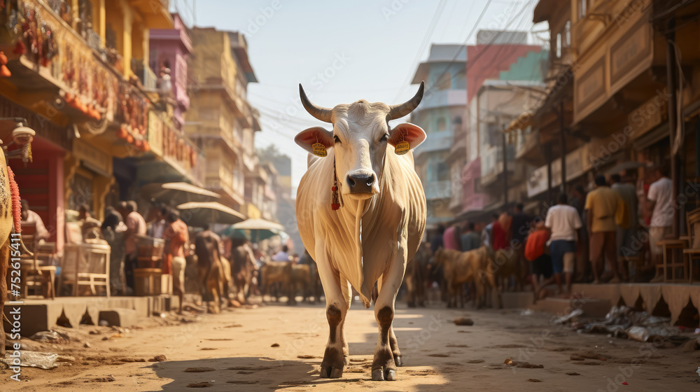 Indian sacred cow on the street of Varanasi, India, Asia, East, ancient ...