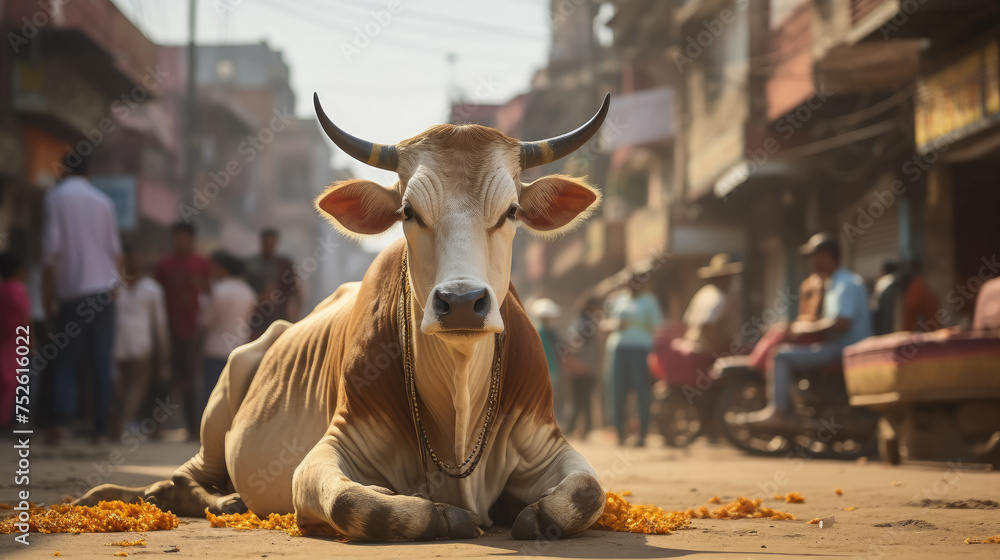 Indian sacred cow on the street of Varanasi, India, Asia, East, ancient ...
