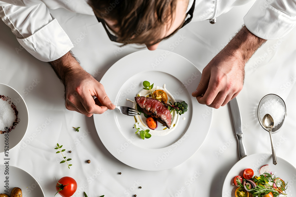 chef garnishing a dish, top view, isolated on a culinary masterpiece ...