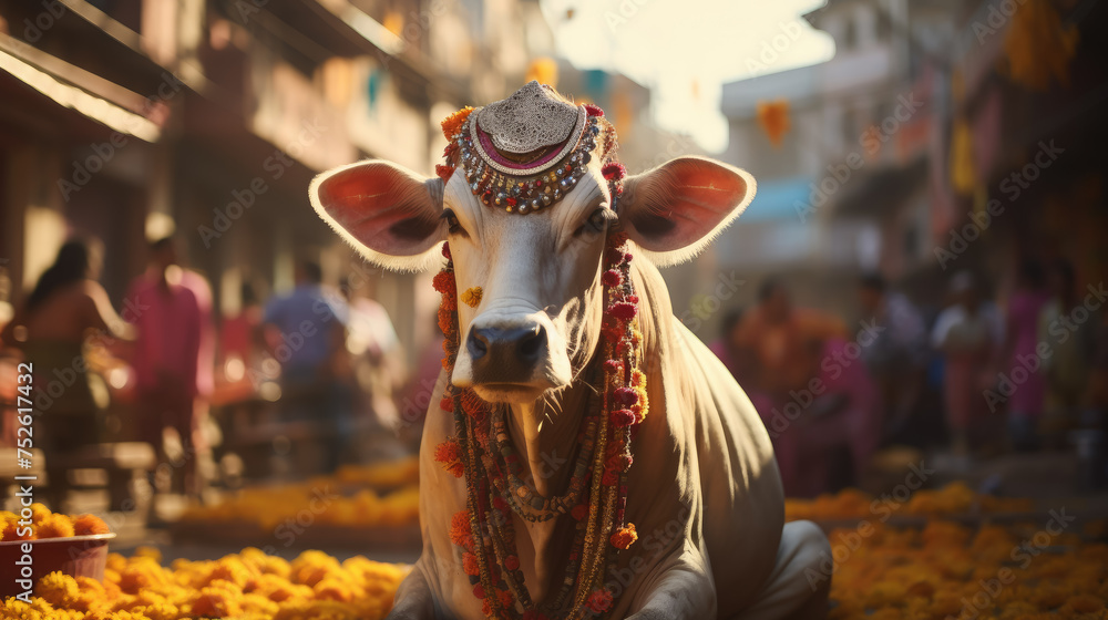 Indian sacred cow on the street of Varanasi, India, Asia, East, ancient ...