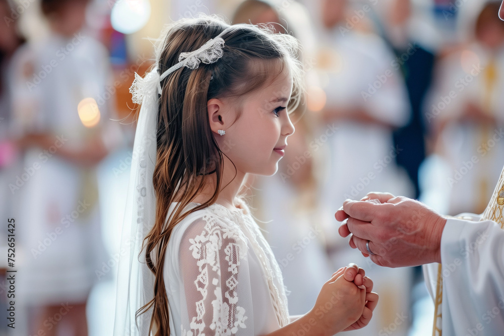 Girl receiving the body of Christ from the hands of a Christian priest ...