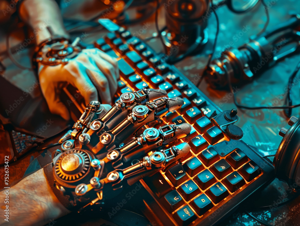 Hacker with mechanical hands types on a steampunk keyboard gears turn ...