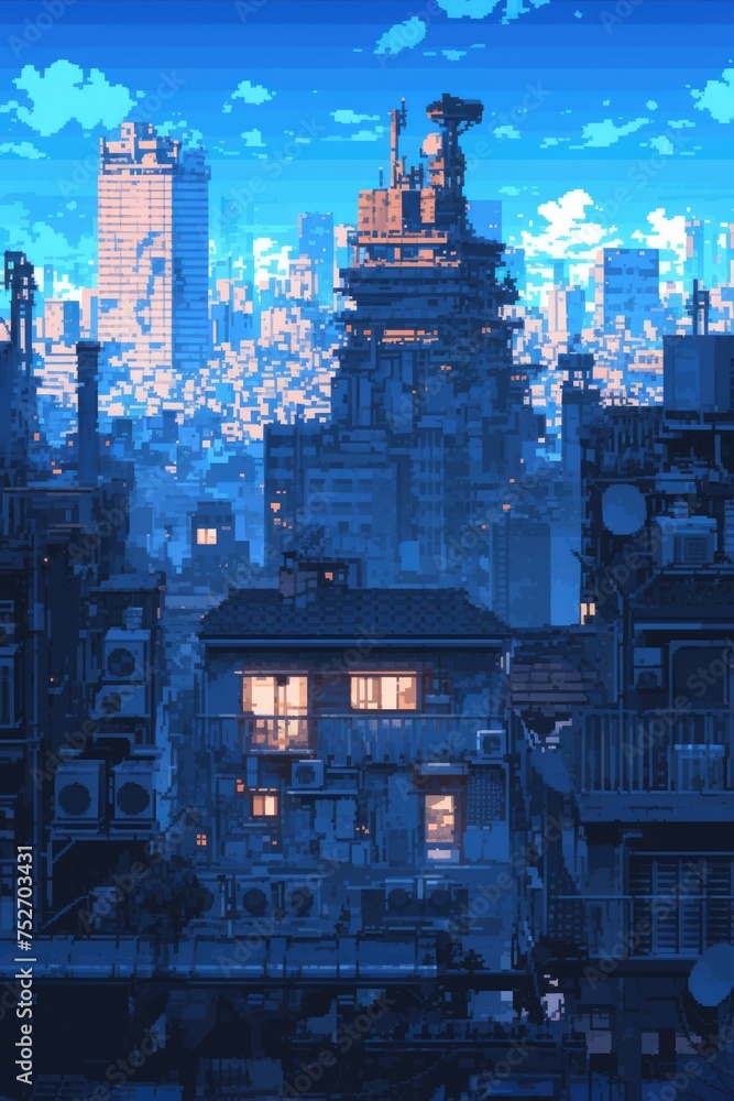 Cyberpunk city background in pixel art style. Stock Illustration ...