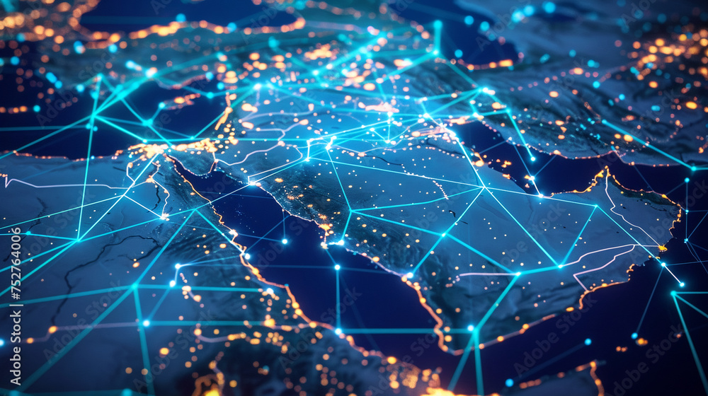 Illustration Stock Digital map of Middle East, Highlighting the tech ...