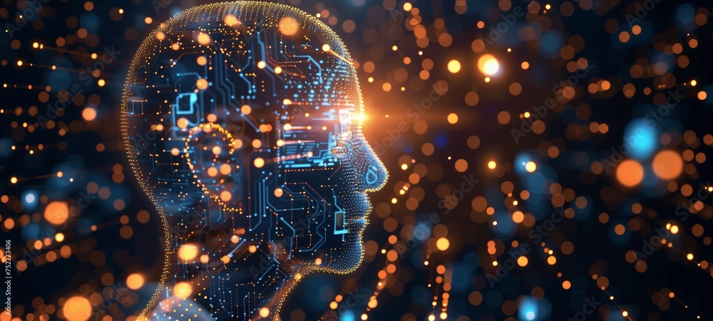 Artificial intelligence with a profile of a human head outlined in glowing circuit patterns ...