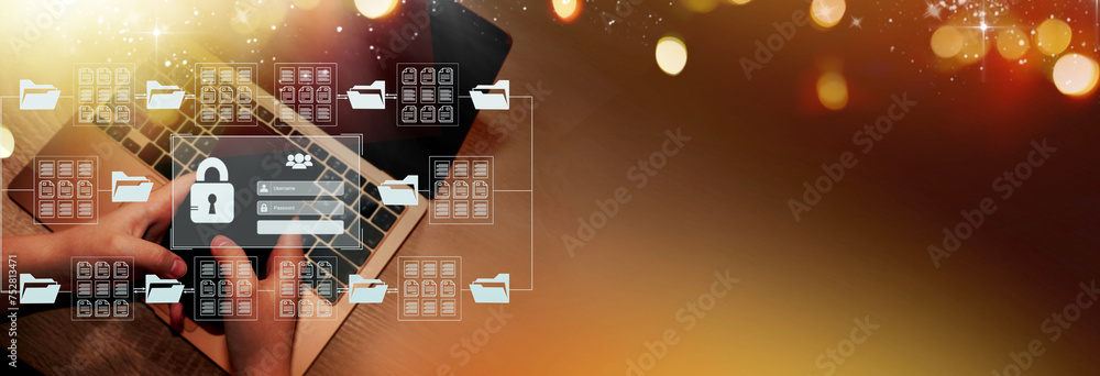 Online documentation database. AI document management system DMS concept. Data protection, cyber ...