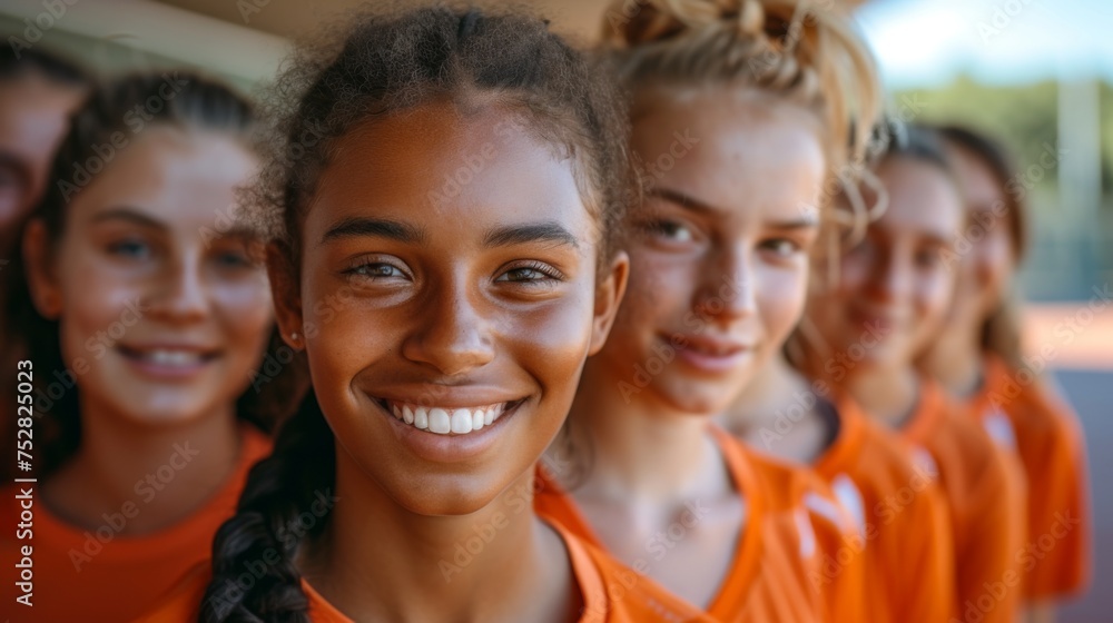 Focused on a girl with a radiant smile, this group portrait of a girls ...