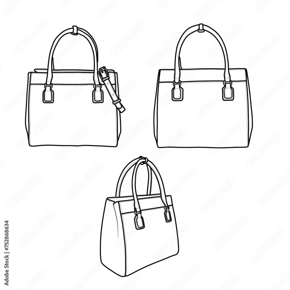 Women's handbag. Top handle bag flat sketch fashion illustration ...