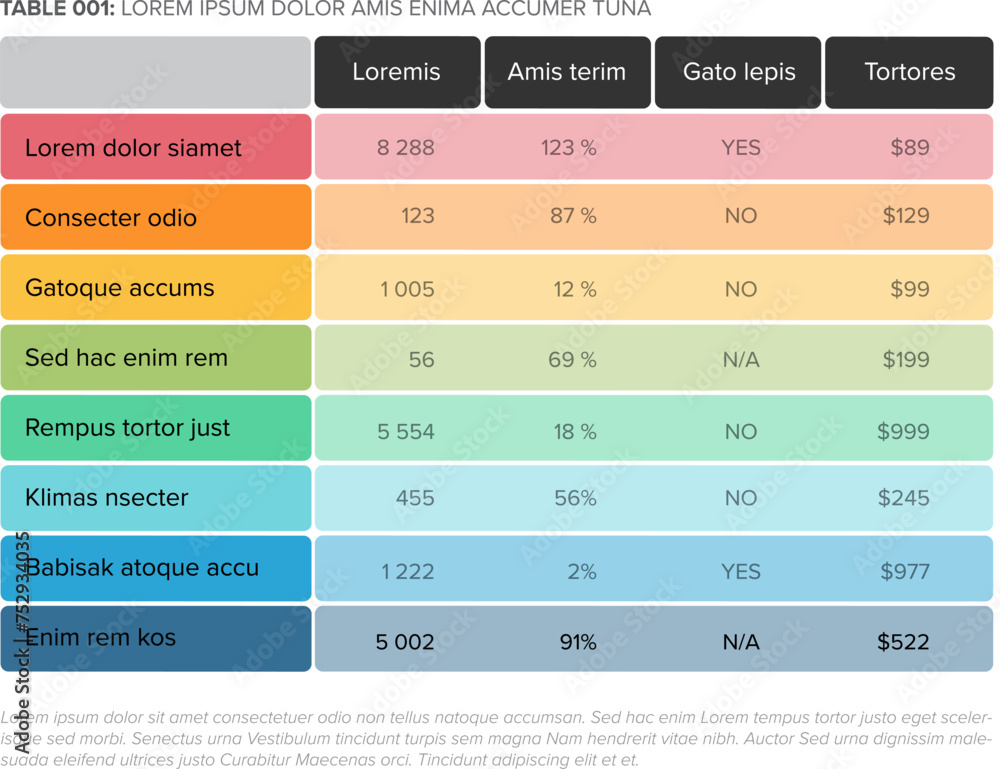Simple stylized data table rainbow pastel layout template Stock Vector ...