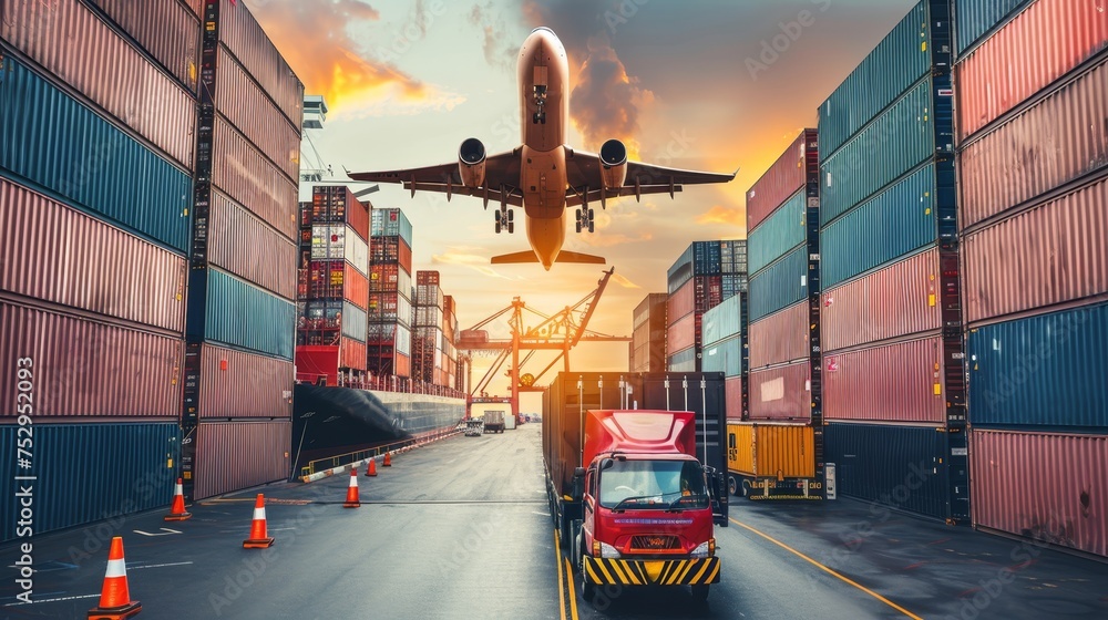 Transport logistics concept with aircraft, cargo ship, truck, and ...