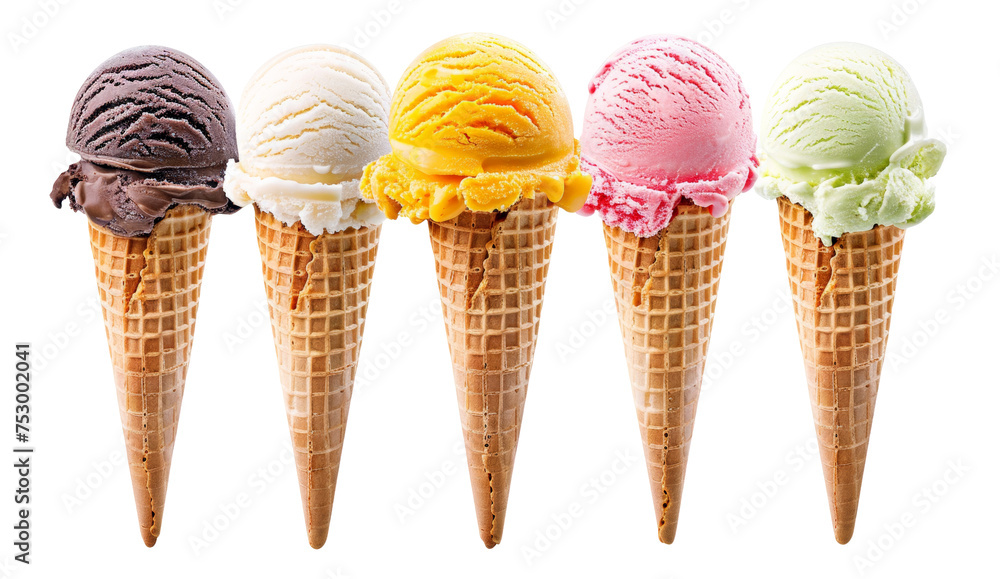 Assorted ice cream cones with multiple flavors on transparent ...