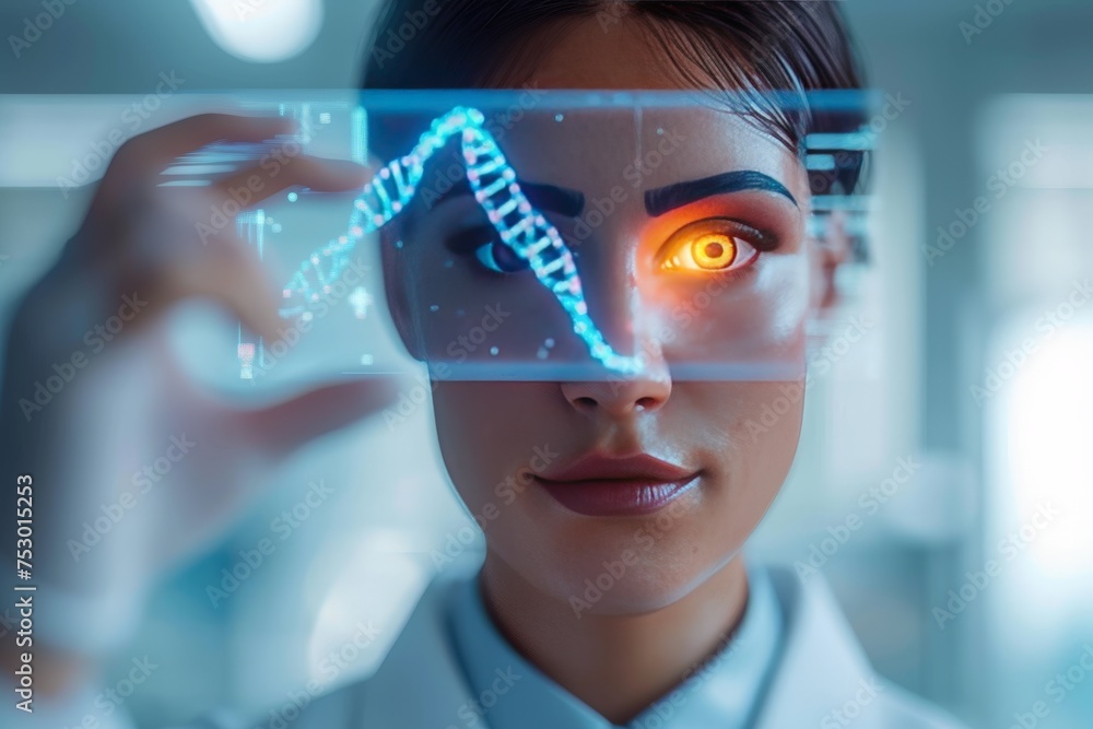 Researcher holding up a hologram modern virtual screen dna strand in ...