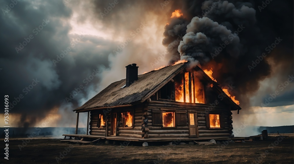 Major fire on a cabin log house with dark clouds of smoke and explosion ...