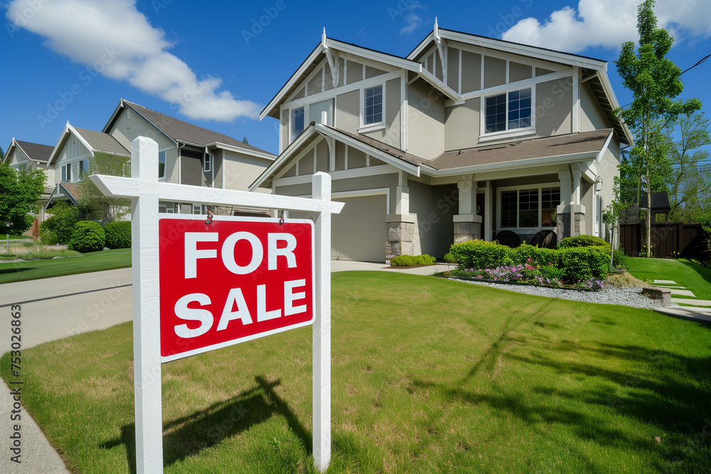 Residential real estate house property for sale sign outside home front ...