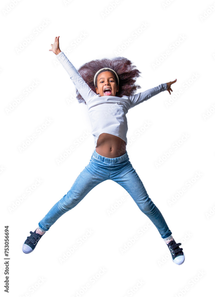 Bright picture of happy jumping teenage girl. Smiling little african ...