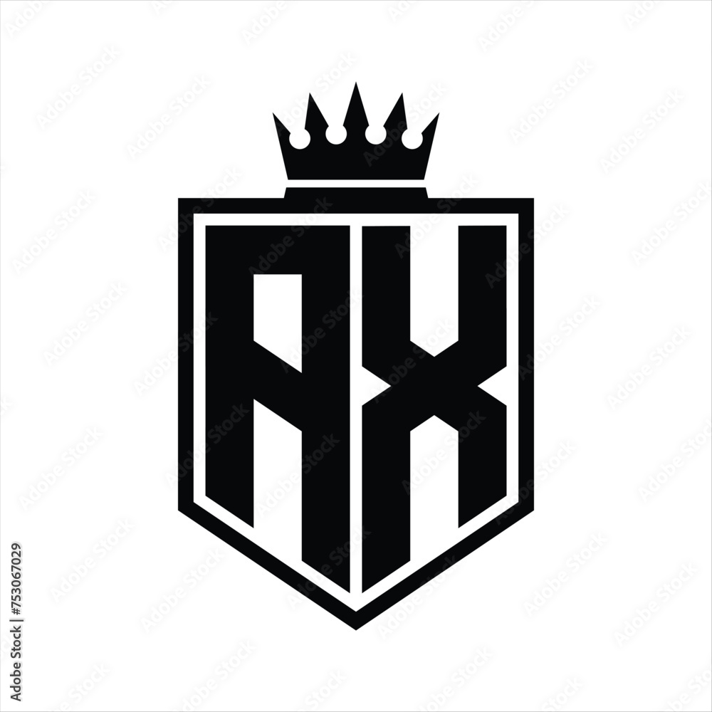 AX Logo monogram bold shield geometric shape with crown outline black and white style design ...