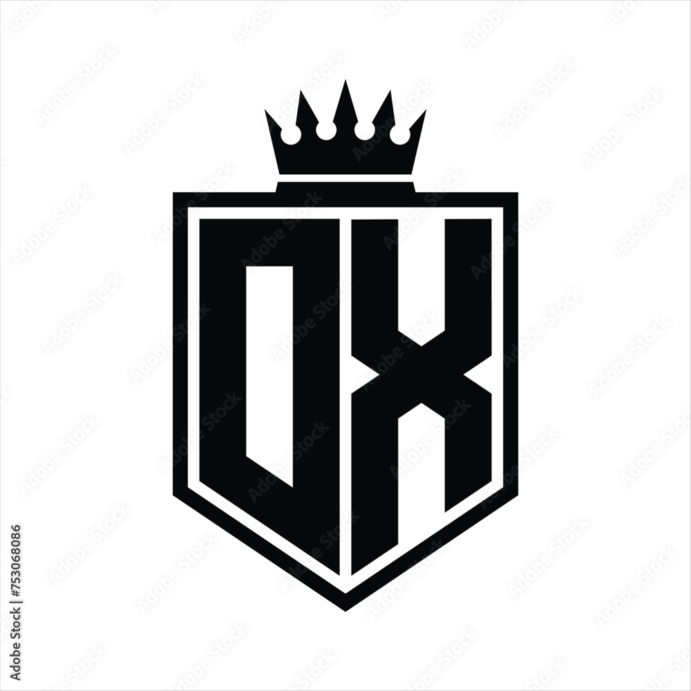 DX Logo monogram bold shield geometric shape with crown outline black and white style design ...