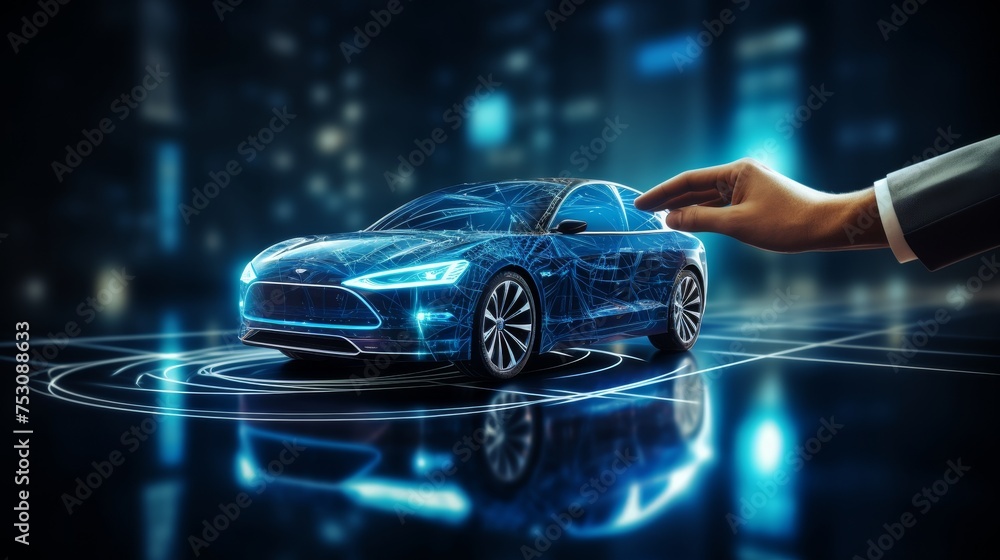 Automotive engineer using ai system for smart ev car design on hologram ...
