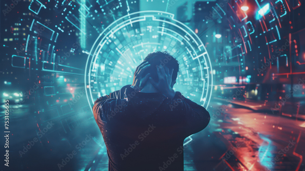 backview of a stressed and depression man holding his head with ...