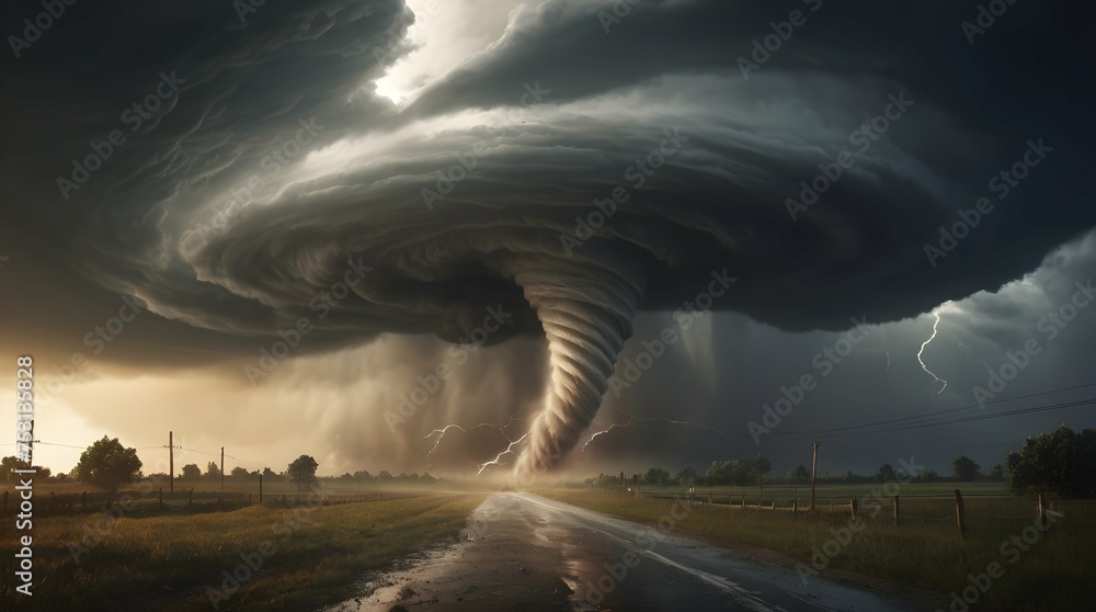 A tornado is present in the image, its tail on the right side where it ...