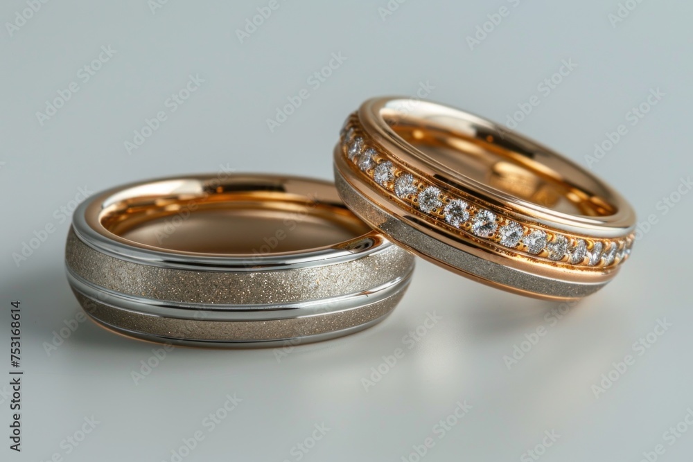 Two wedding rings of different styles and designs are stacked on top of ...