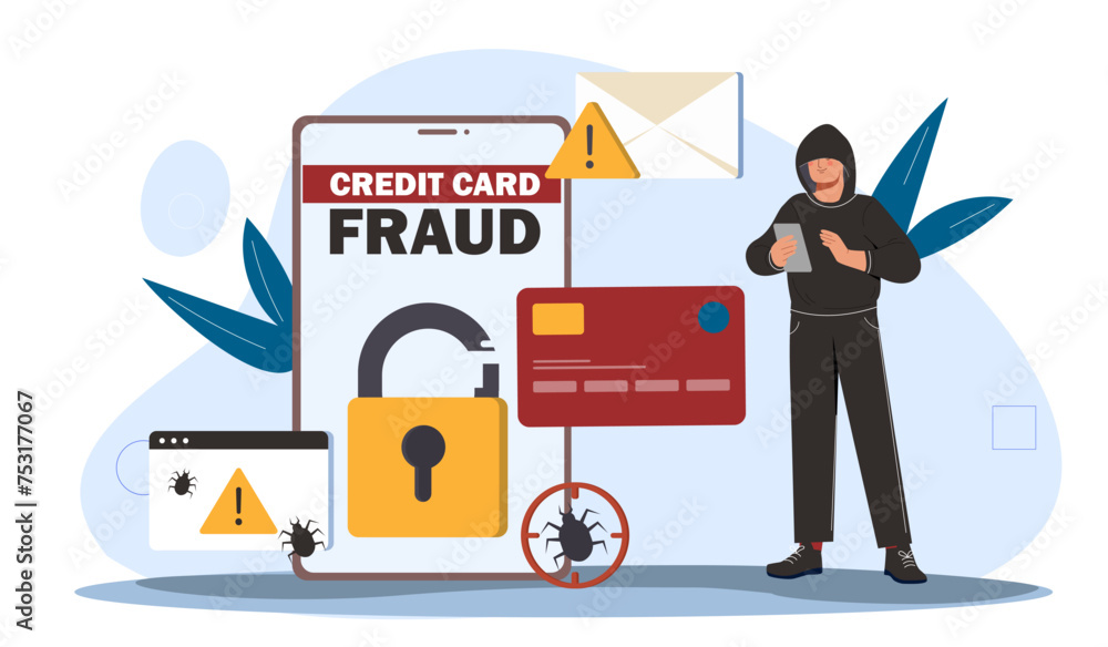Credit card fraud concept. Man in black hoodie stealing money. Hacker ...