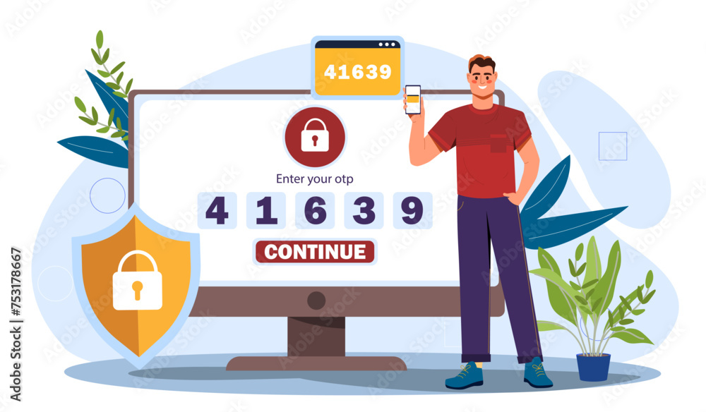 Enter otp concept. Man with smartphone near computer code. Security ...