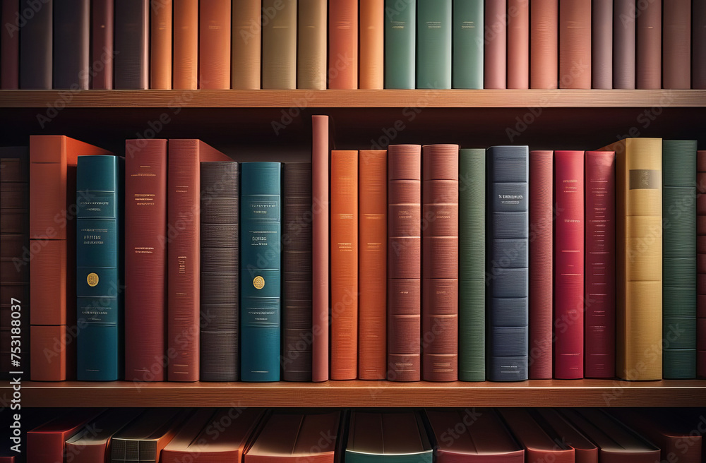 Old books on wooden shelf. Many of beautiful retro book covers, skins ...