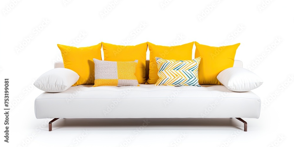 Isolated white sofa bed with armrests and cushions, front view. Three ...