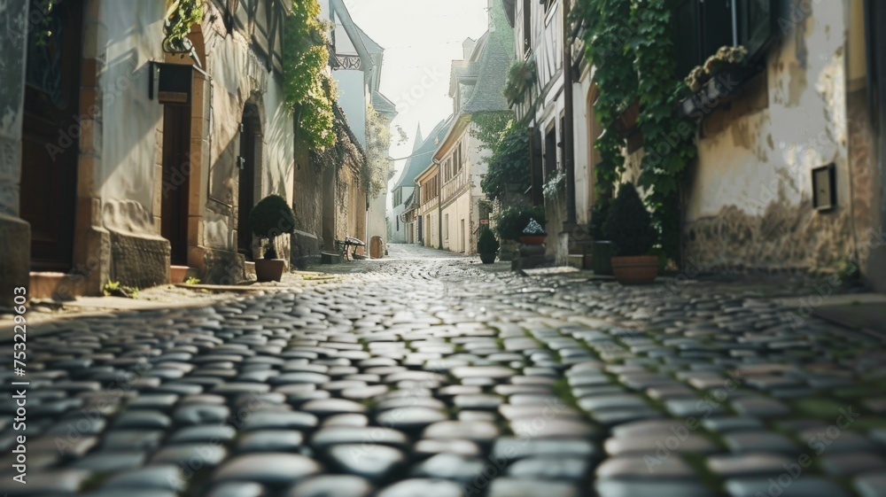 Cobbled alleyway in a quiet old town - This image showcases a peaceful ...