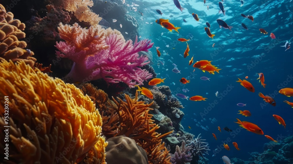 Vibrant underwater coral reef with marine life - This striking image ...