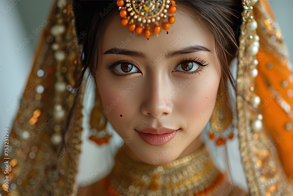 Foto de Stock Manipuri traditional wedding attire Focus on the ...