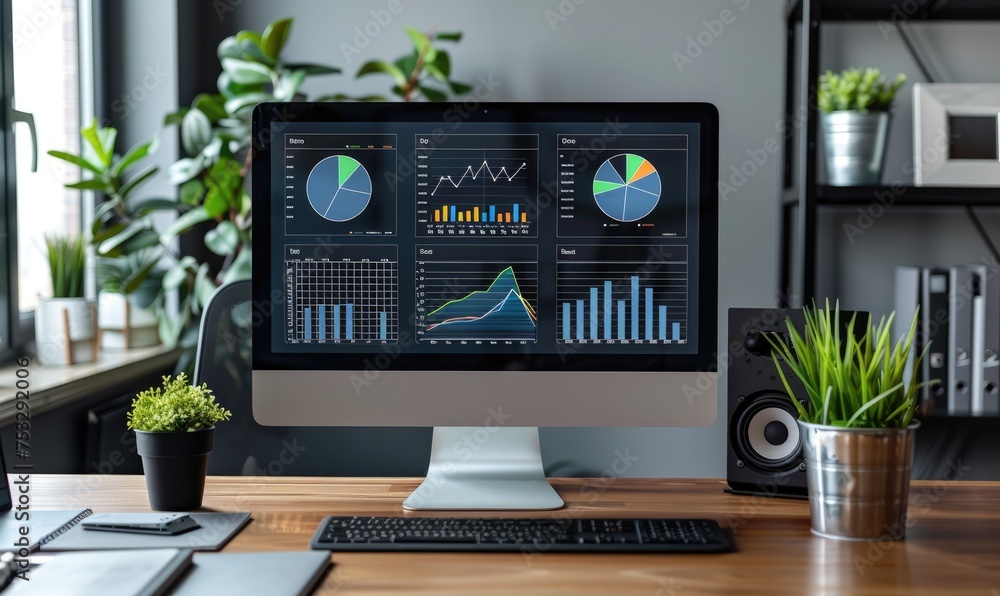 Modern data analysis computer monitor showing histograms and pie charts ...
