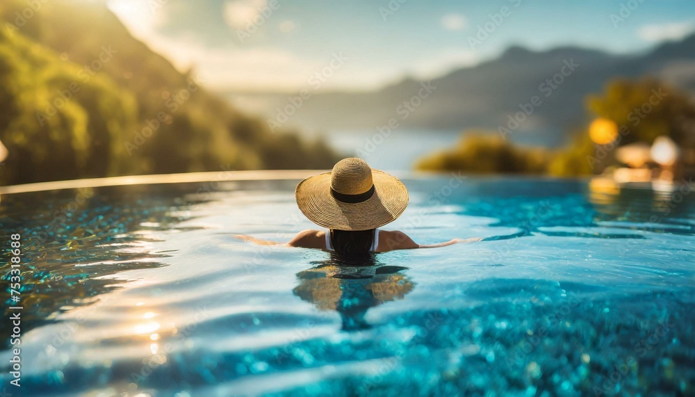 Luxury swimming pool spa resort travel honeymoon destination woman ...