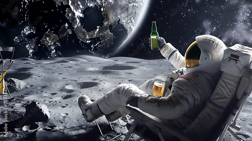 Generative AI : Back view of lunar astronaut having a beer while ...