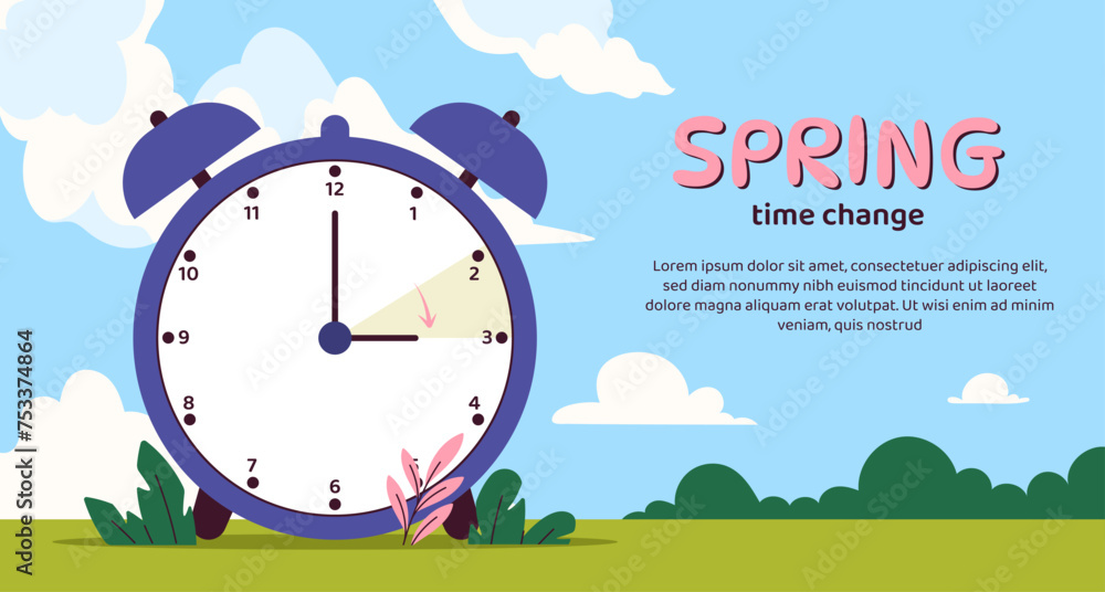 Welcome spring forward background. Big clock with turned arrows ...