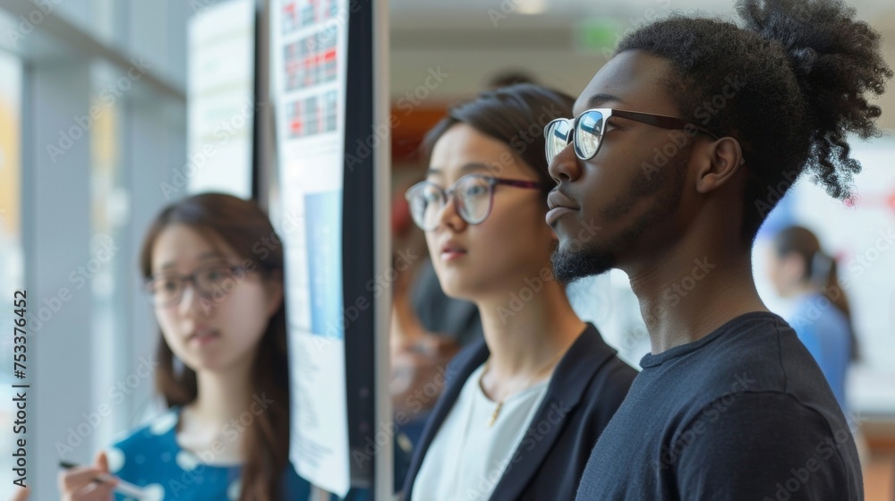 Two students stand in front of a poster presentation discussing their ...