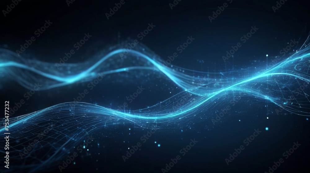 Abstract blue tech background with digital waves, dynamic network system, artificial neural ...