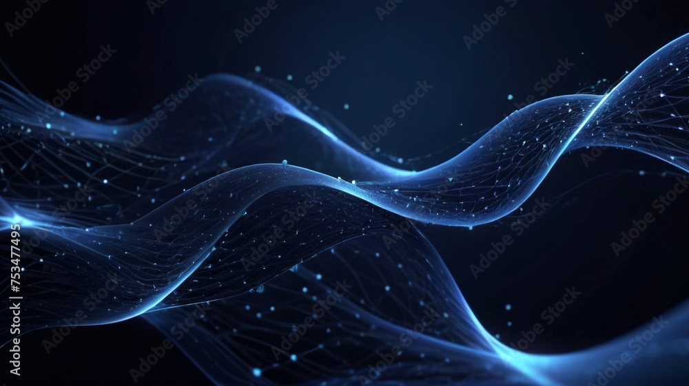 Abstract blue tech background with digital waves, dynamic network system, artificial neural ...